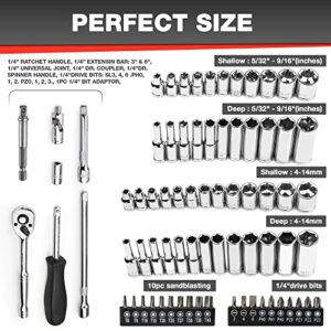 EACELIY 75pcs 1/4" Drive Impact Socket Set, Master Socket Set,Wrench Set with 1/4" Bit Adapter, Universal Joint, Ratchet, 1/4 "Drive Bit Set Extension (5/32" - 9/16 ", 4-14mm)