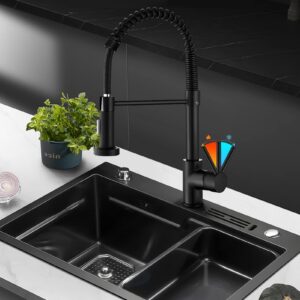 ZSW Kitchen Faucets with Pull Down Sprayer, Commercial Industrial Spring Single Handle Stainless Steel & Solid Brass Kitchen Sink Faucets for Farmhouse Camper Kitchen Rv (Matte Black)