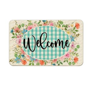 spring door mat, hello spring welcome mats outdoor for front door, flowers blossoms seasonal non slip farmhouse doormat indoor entryway floor rug for entrance outside entry home decor 17”x29”