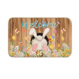 easter door mat, happy easter welcome mats outdoor for front door, easter bunny eggs non slip farmhouse doormat indoor entryway floor rug for outside entry home decor 17”x29”