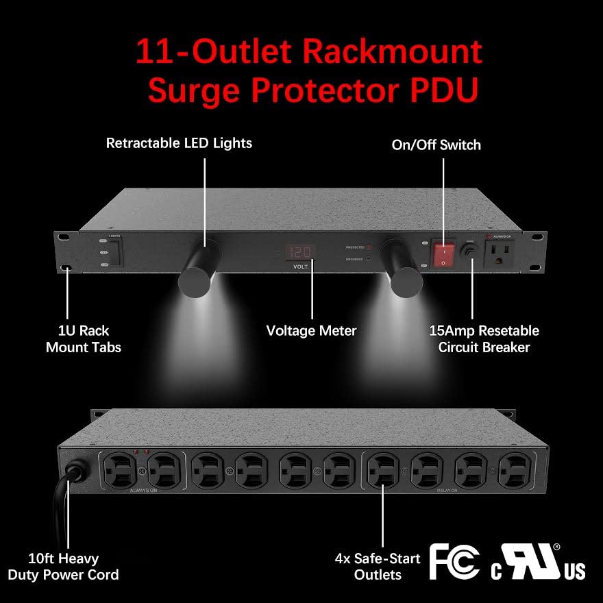 Clear Power 11-Outlet 2160J Rackmount Surge Protector PDU w/LED Lights & 10ft Cord, CPPDU511