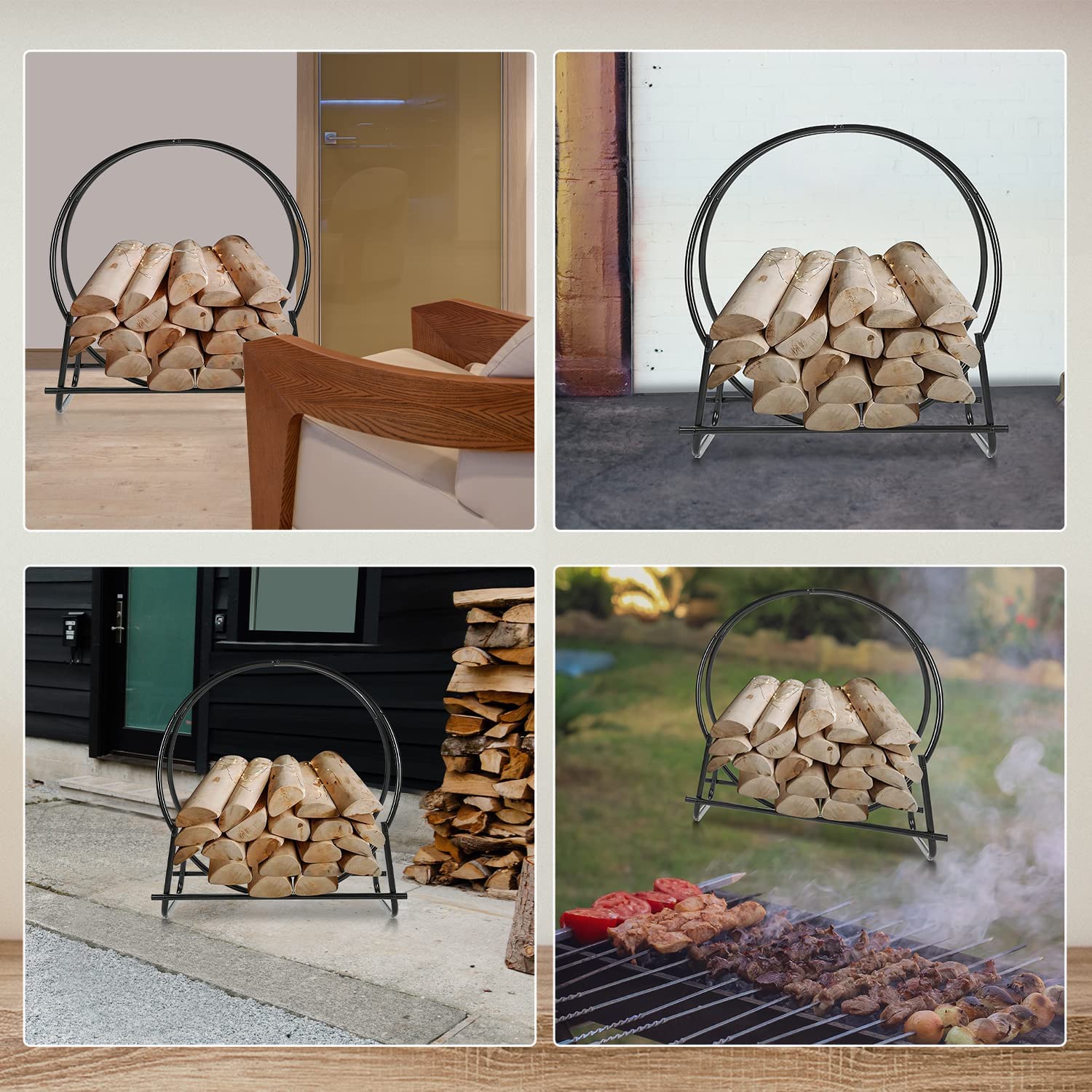 HECASA 30 Inch Firewood Log Hoop Curved Fireplace Wood Storage Holder Heavy Duty Wood Stove Accessories for Outdoor Indoor Black