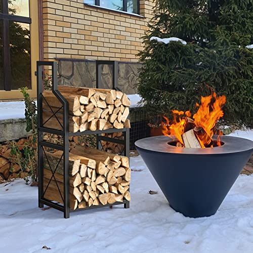 Small Firewood Rack Holder for Indoor Fireplace, 2-Tier Fire Wood Log Storage Rack Stacker Stand, Strong and Durable for Outdoor Patio, Fire Pit, Stove, Black