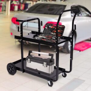 2-Tier Welding Cart Welder Portable Heavy Duty Dual Cylinder Rack &Welding Cart for Plasma Cutter Arc Mobile Design Welder Stand Storage with Tank Storage Trolley Workshop Organizer