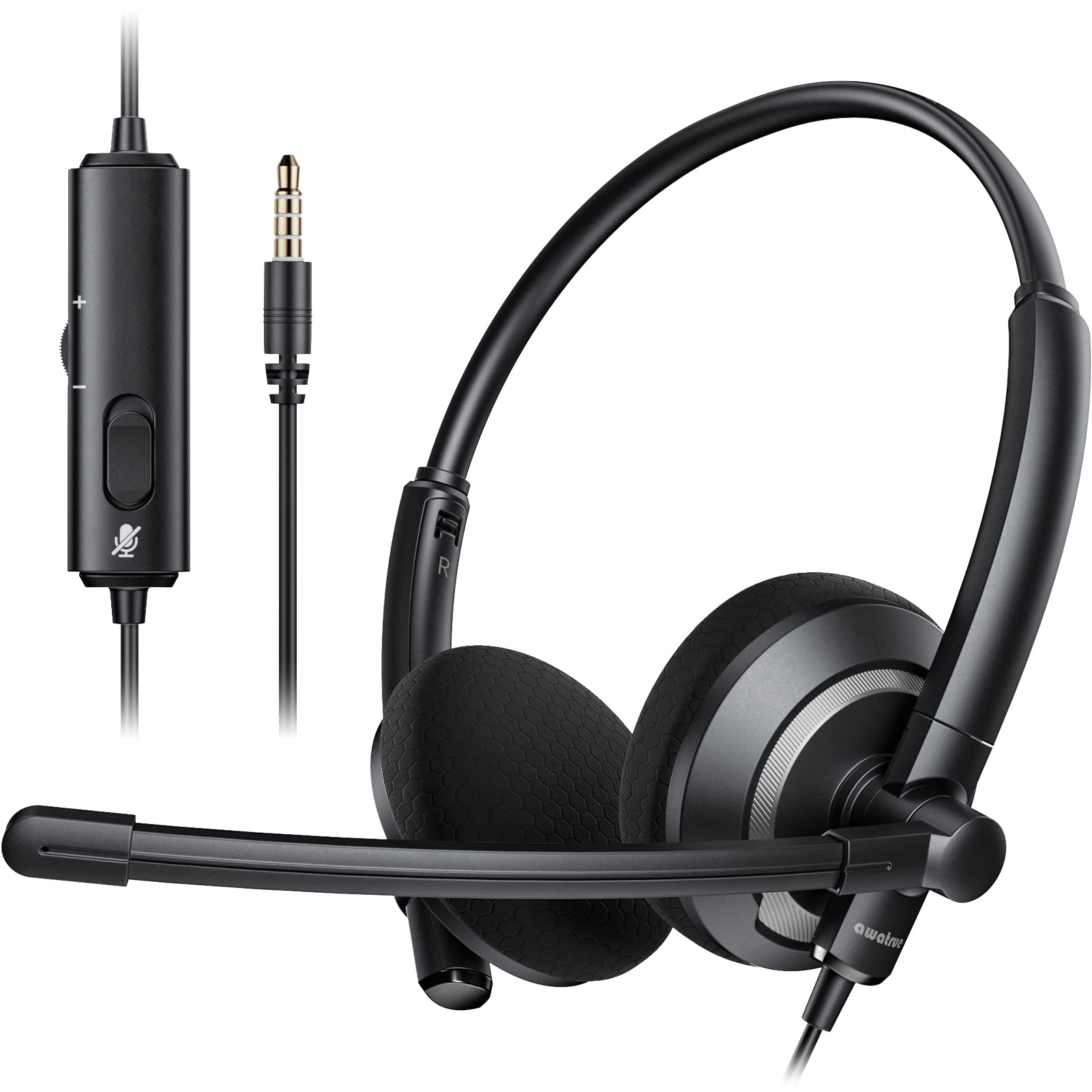 awatrue Wired Headset with Microphone for PC Laptop - 3.5mm Jack On Ear Headphones with Noise Cancelling Microphone for Boom Skype Webinars, in-line Control,Comfortable