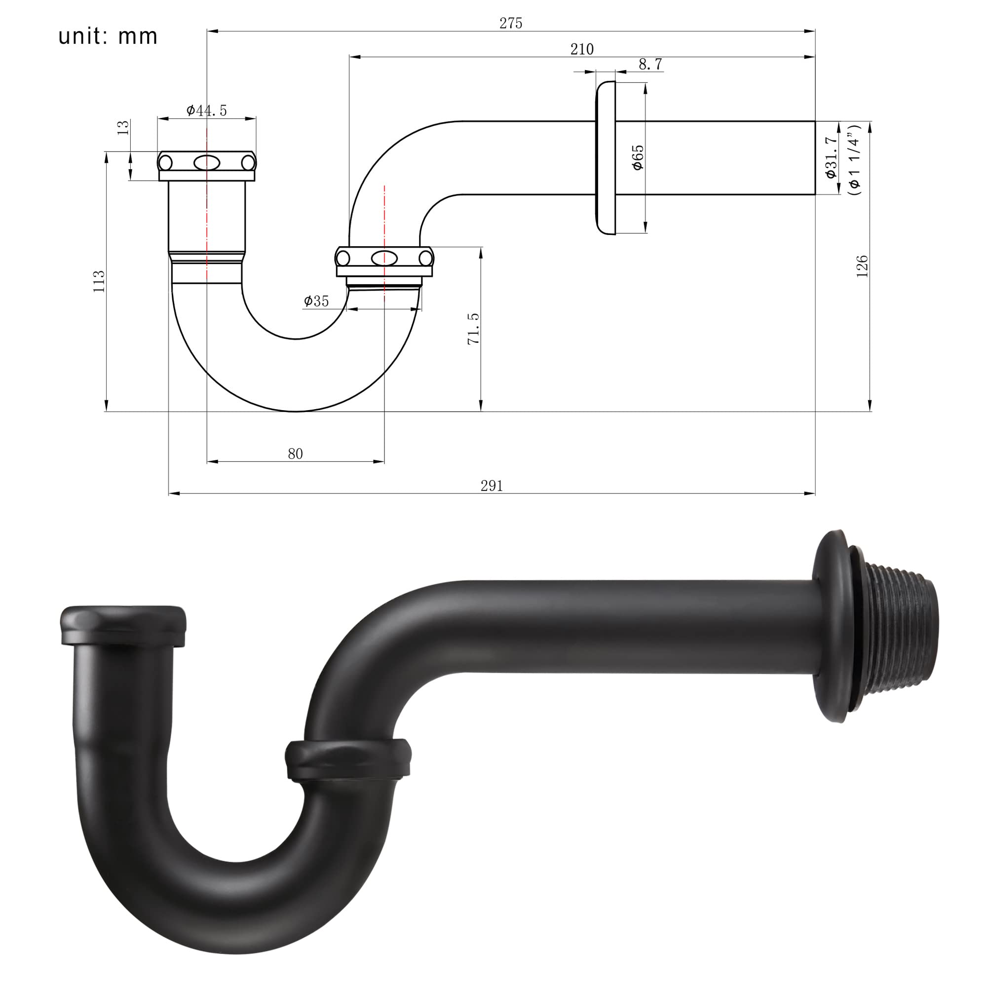 18 Gauge Solid Brass P-Trap 1 1/4” OD, Heavy Duty Brass Tubular J Bend Pipe Connector, Decorative Bathroom Basin Sink Waste Trap Drain Kit with Flange and Gasket Washers, Matte Black