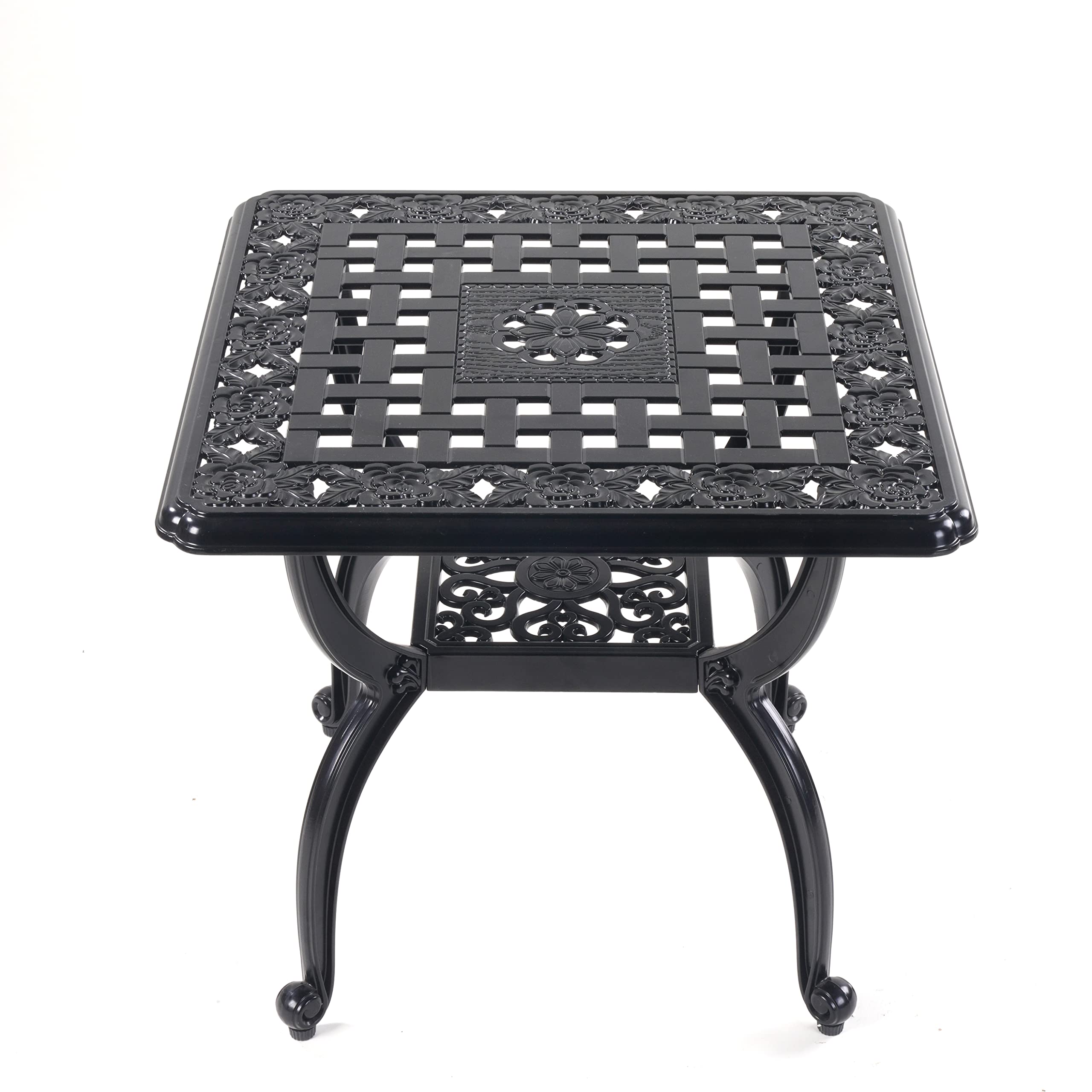 Mandolin Outdoor Patio Table,Rust -Resistant Cast Aluminum Side Table,Weather Resistant End Table，Coffee Table， Perfect for Patio, Backyard Or Garden. (Aluminum Square, Black)