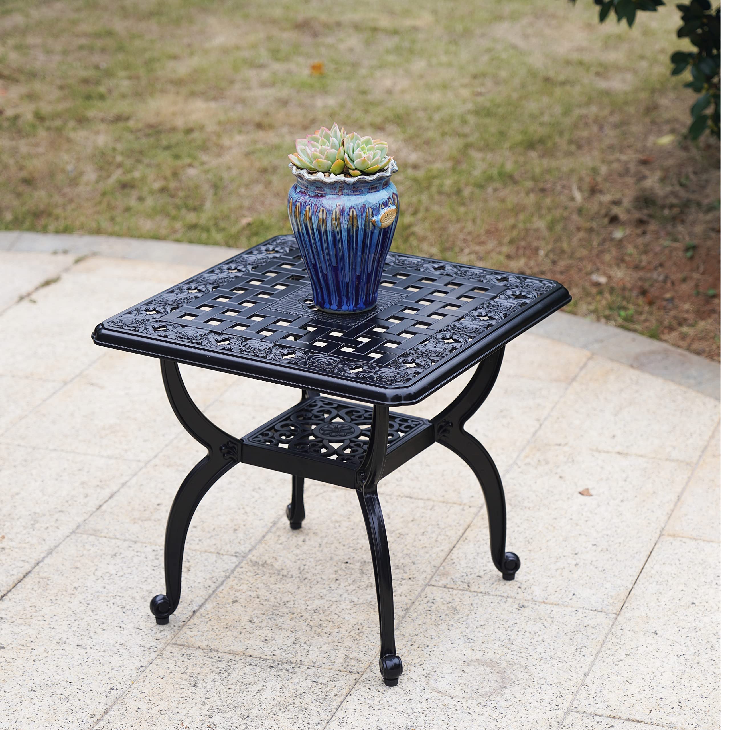 Mandolin Outdoor Patio Table,Rust -Resistant Cast Aluminum Side Table,Weather Resistant End Table，Coffee Table， Perfect for Patio, Backyard Or Garden. (Aluminum Square, Black)