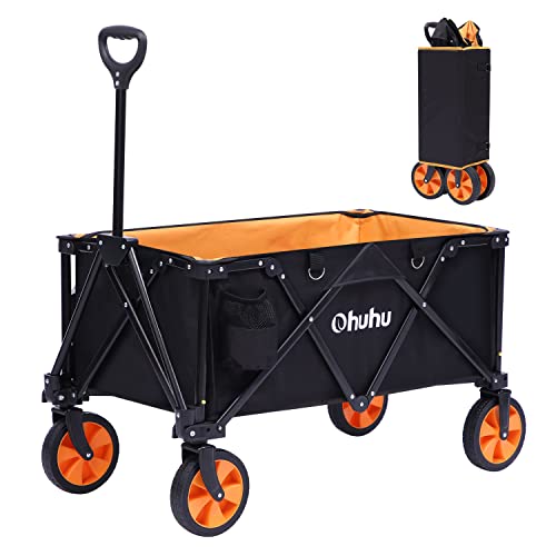 Ohuhu Collapsible Folding Wagon Cart: Extra Reinforced Foldable Wagons with 400 LB Capacity Heavy Duty Utility Outdoor Grocery Shopping Carts with Removable Wheels & 2 Drink Holders for Camping Picnic