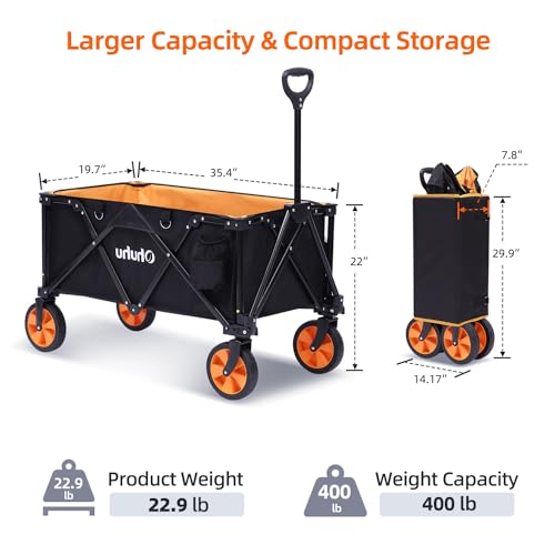 Ohuhu Collapsible Folding Wagon Cart: Extra Reinforced Foldable Wagons with 400 LB Capacity Heavy Duty Utility Outdoor Grocery Shopping Carts with Removable Wheels & 2 Drink Holders for Camping Picnic