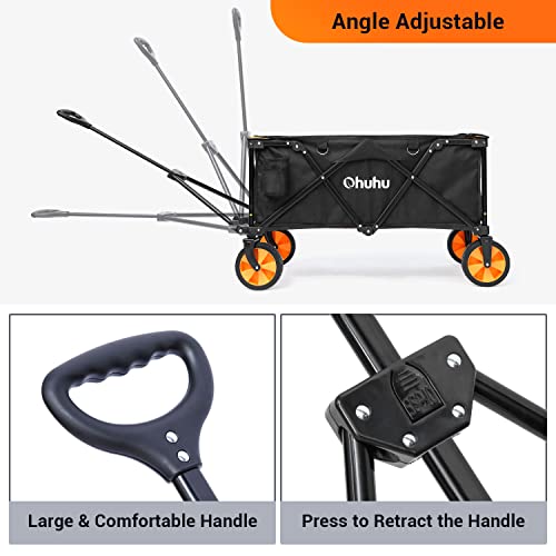 Ohuhu Collapsible Folding Wagon Cart: Extra Reinforced Foldable Wagons with 400 LB Capacity Heavy Duty Utility Outdoor Grocery Shopping Carts with Removable Wheels & 2 Drink Holders for Camping Picnic