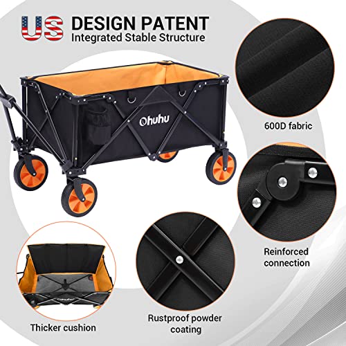 Ohuhu Collapsible Folding Wagon Cart: Extra Reinforced Foldable Wagons with 400 LB Capacity Heavy Duty Utility Outdoor Grocery Shopping Carts with Removable Wheels & 2 Drink Holders for Camping Picnic