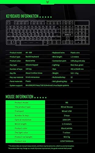 LLEURE Gaming Keyboard Rainbow Keyboard + Mouse,Desktop Notebook Floating Keycap Backlit Gaming Mouse and Keyboard,104 Key USB Wired Keyboard,Illuminated Keypad