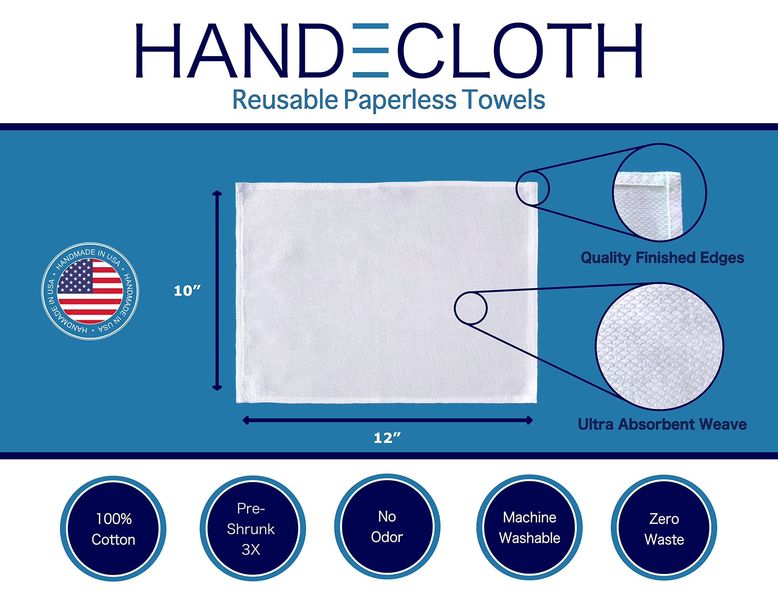 HANDECLOTH Reusable Paper Towels 12 PACK/Cotton/American Made/Machine Washable/Absorbent and Durable with Quality Edges and No Pilling/Guest Towel