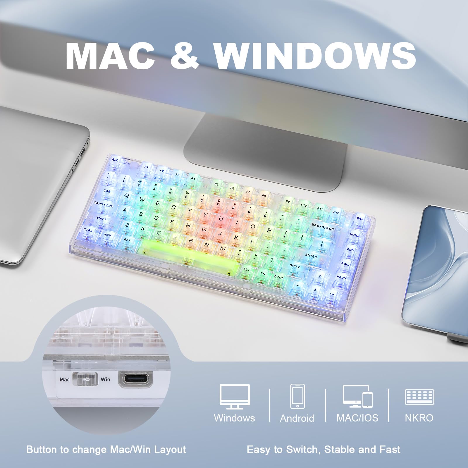 YUNZII X75 82 Key Hot Swappable Mechanical Keyboard with Transparent Keycaps, Gasket Mount 75 Keyboard, RGB Backlit Custom Gaming Keyboard for Windows/Mac (Crystal White Switch, Wired -White)