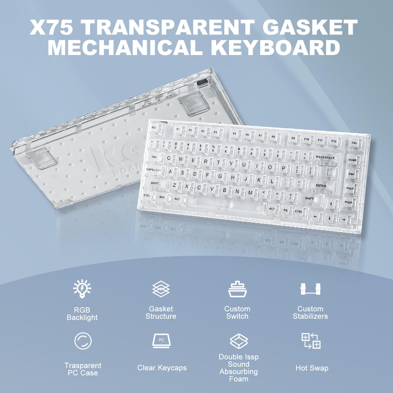 YUNZII X75 82 Key Hot Swappable Mechanical Keyboard with Transparent Keycaps, Gasket Mount 75 Keyboard, RGB Backlit Custom Gaming Keyboard for Windows/Mac (Crystal White Switch, Wired -White)