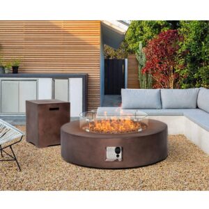 HOMPUS Outdoor Propane Fire Pit Table 42-inch 50,000 BTU Round Bronze Concrete Gas Fire Table w Tank Cover,Wind Guard,Lava Rocks,Rain Cover Smokeless FirePit for Outside Patio,Garden,Deck,Backyard