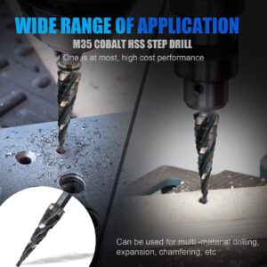 M35 Four Spiral Flute Step Drill Bit Set 1/8"-1/2" （13 Sizes ）,1/4" Hex Shank Drill, Impact Resistant M35HSS Unit Stepper bit, for Stainless Steel, Wood, Aluminum, Plastic