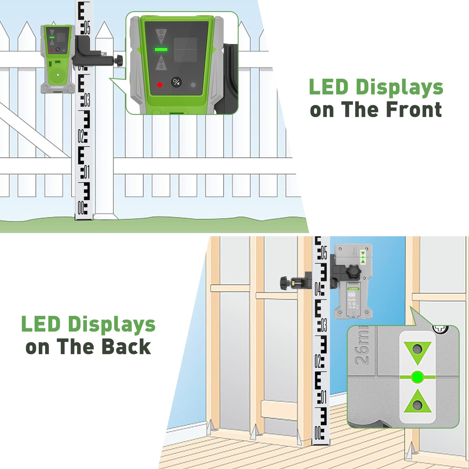 Huepar Laser Detector for Laser Level， Digital Laser Receiver for Green and Red Beam， Two-Sided LED Prompt and Magnet, Double Lamp & 90 dB Buzzer is Suitable for Bright and Noisy Environments-LR-8RG