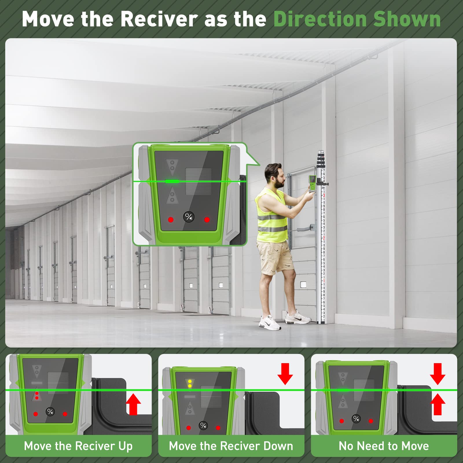 Huepar Laser Detector for Laser Level， Digital Laser Receiver for Green and Red Beam， Two-Sided LED Prompt and Magnet, Double Lamp & 90 dB Buzzer is Suitable for Bright and Noisy Environments-LR-8RG