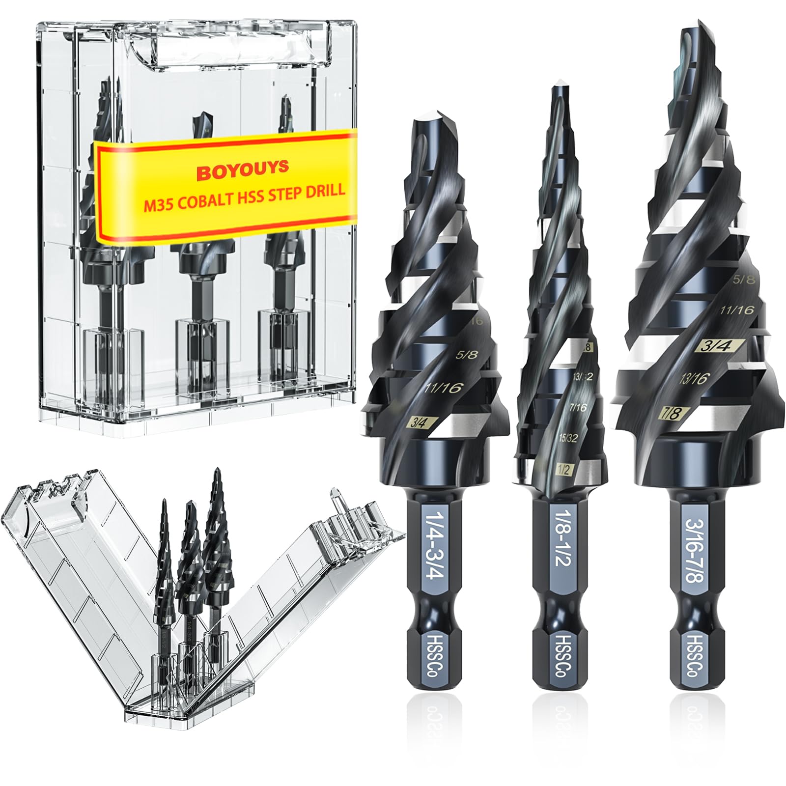 M35 Four Spiral Flute Step Drill Bit Set 1/8"-7/8"(3 pcs), 1/4" Hex Shank Drill for Working Metal, Impact Resistant M35 Cobalt Step Drill Bit, for Stainless Steel, Wood, Aluminum, Plastic