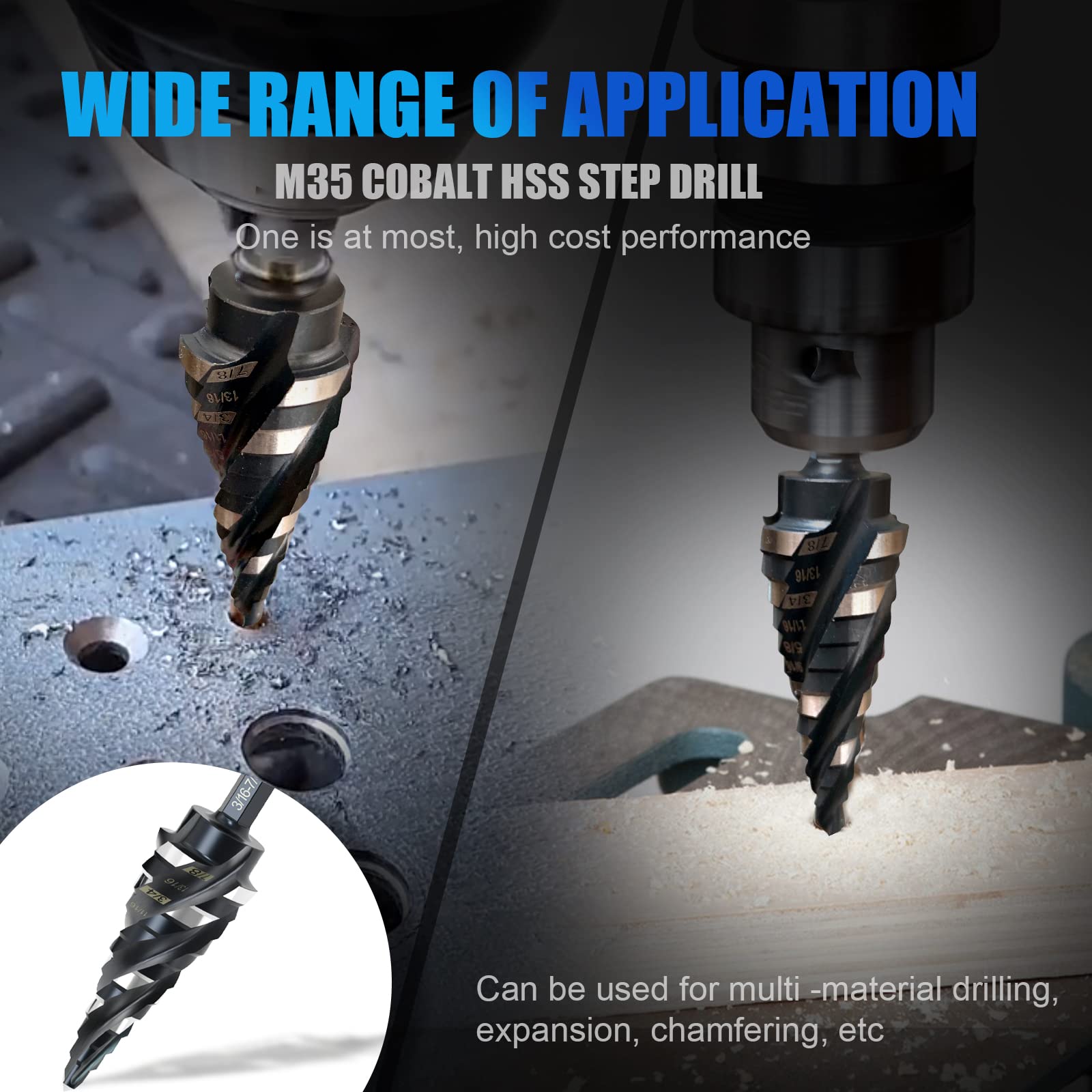 M35 Four Spiral Flute Step Drill Bit Set 1/8"-7/8"(3 pcs), 1/4" Hex Shank Drill for Working Metal, Impact Resistant M35 Cobalt Step Drill Bit, for Stainless Steel, Wood, Aluminum, Plastic