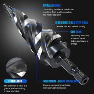 M35 Four Spiral Flute Step Drill Bit Set 1/8"-7/8"(3 pcs), 1/4" Hex Shank Drill for Working Metal, Impact Resistant M35 Cobalt Step Drill Bit, for Stainless Steel, Wood, Aluminum, Plastic