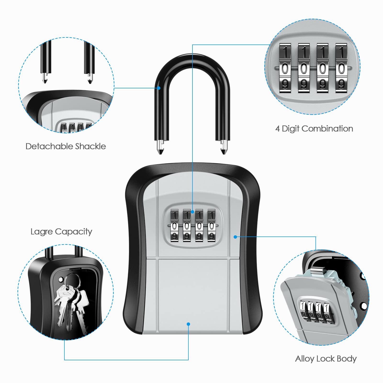 AMIR Key Lock Box for Outside, NEW VERSION Lock Box for House Key, 4-Digit Combination Security Lockbox, Portable Wall Mounted Storage Lock box for Home, Realtors Garage Spare Keys