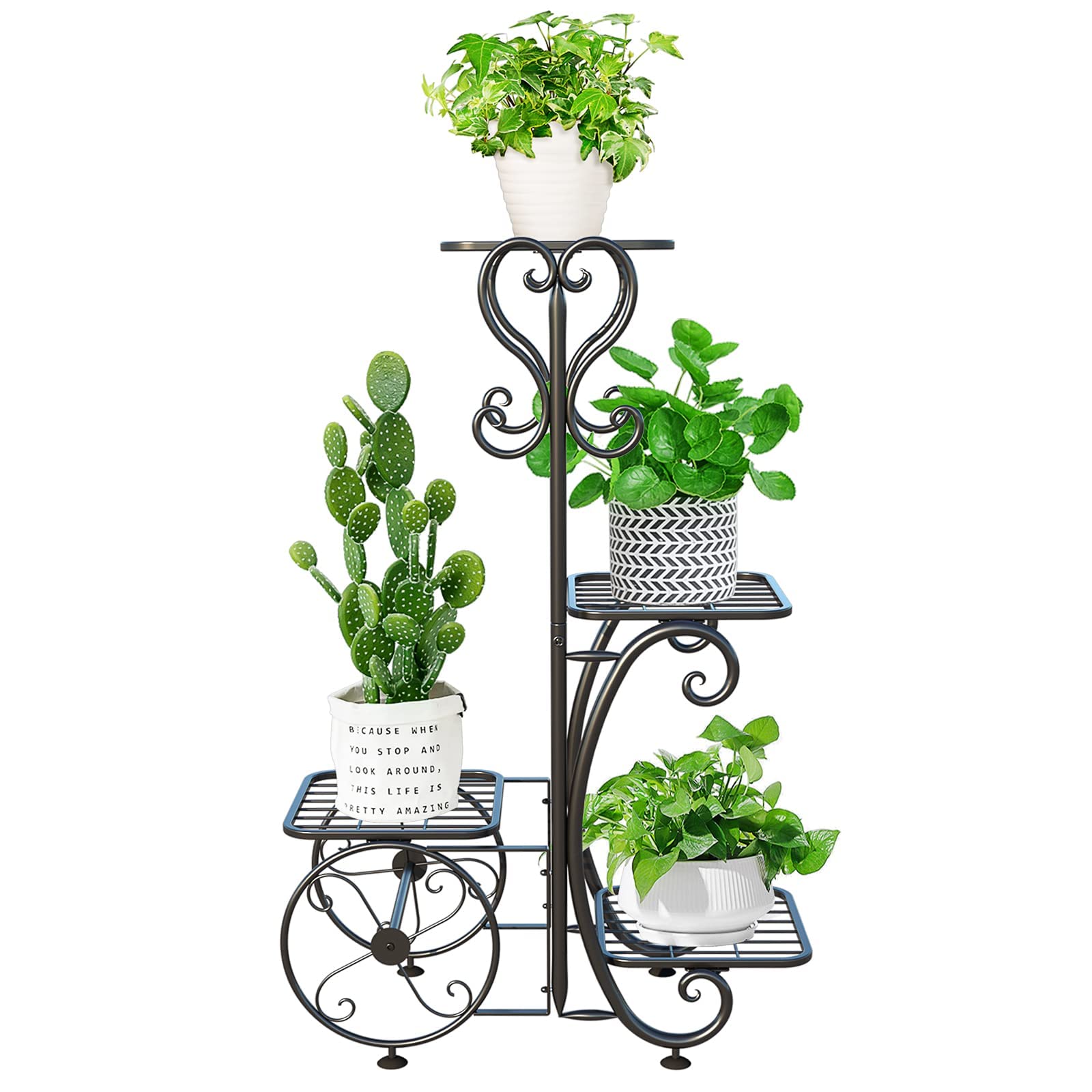 ZHAZHADI Metal Plant Stand Shelf Rack Indoor Outdoor Multiple Black 4 Tier Tall Corner Flower Pot Holder Stands Tiered Wrought Iron Planter Shelves for Patio Living Room Balcony Office