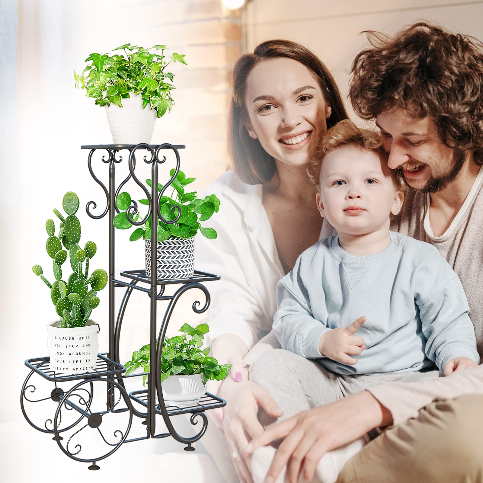 ZHAZHADI Metal Plant Stand Shelf Rack Indoor Outdoor Multiple Black 4 Tier Tall Corner Flower Pot Holder Stands Tiered Wrought Iron Planter Shelves for Patio Living Room Balcony Office