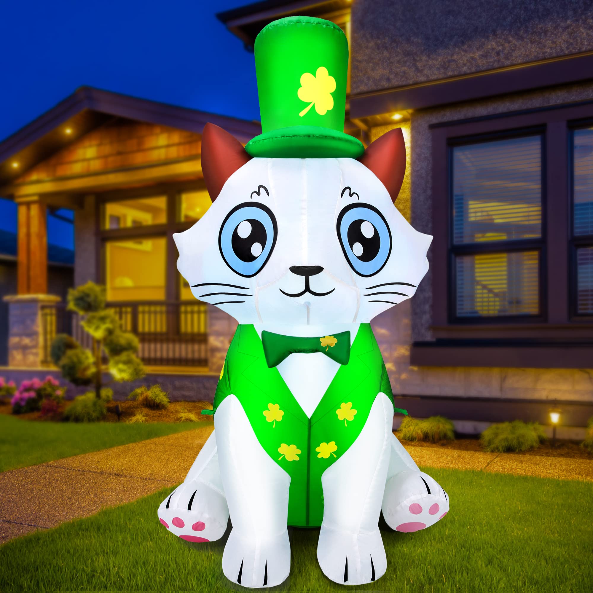 zukakii 5Ft St. Patrick's Day Inflatable Outdoor Decoration Blow Up Cute Cat Wearing Lucky Shamrocks Hat with LED Lights St Patricks Day Decorations Yard Garden Lawn Home Party Indoor