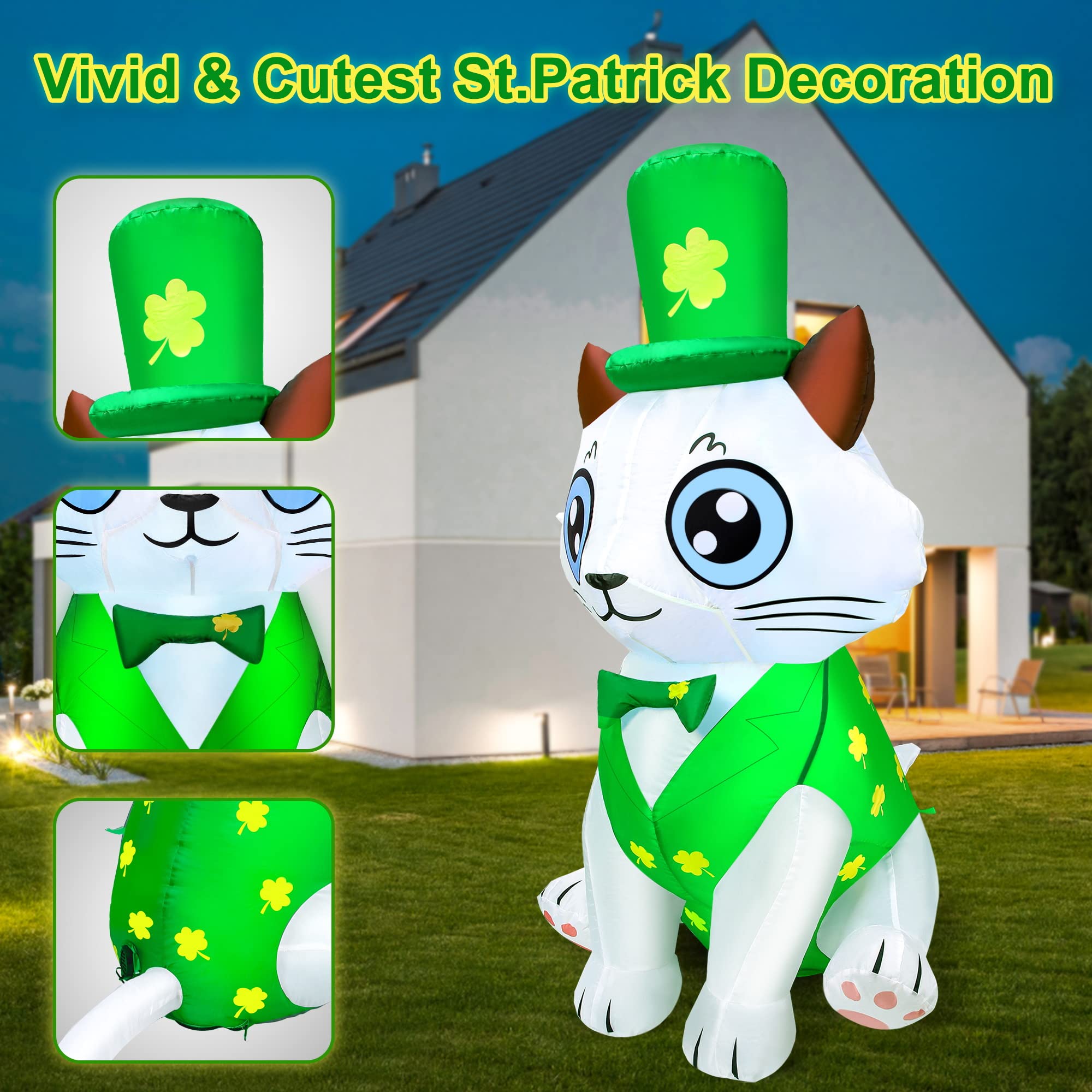 zukakii 5Ft St. Patrick's Day Inflatable Outdoor Decoration Blow Up Cute Cat Wearing Lucky Shamrocks Hat with LED Lights St Patricks Day Decorations Yard Garden Lawn Home Party Indoor