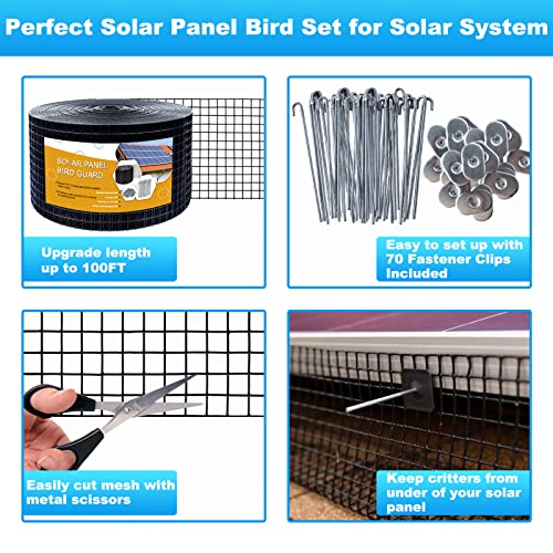 Solar Panel Bird Wire,8inx100FT Critter Guard PVC Coated,Birds from Entering & Nesting Roll Kit/Critter Guard with 70 Fastener Clips Rooftop Solar Panel for Squirrel Bird Critters