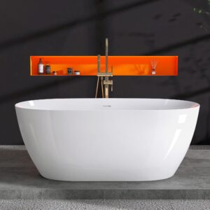 zuagco free standing tub 59" curve shape acrylic freestanding bathtub adjustable modern soaking tub with integrated slotted overflow and removable pop-up drain anti-clogging glossy white 59"x30"