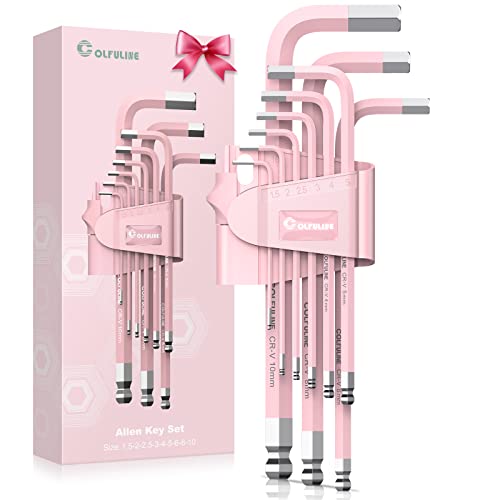 COLFULINE 9 PCS PINK Allen Key Set, Long Ball End Hex Key Set, Cr-V Allen Wrench Set for Women, Size 1.5-10mm with Colour-Coding for Best Gifts and Home Repair