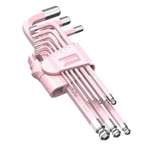 COLFULINE 9 PCS PINK Allen Key Set, Long Ball End Hex Key Set, Cr-V Allen Wrench Set for Women, Size 1.5-10mm with Colour-Coding for Best Gifts and Home Repair