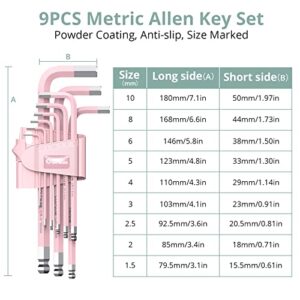 COLFULINE 9 PCS PINK Allen Key Set, Long Ball End Hex Key Set, Cr-V Allen Wrench Set for Women, Size 1.5-10mm with Colour-Coding for Best Gifts and Home Repair