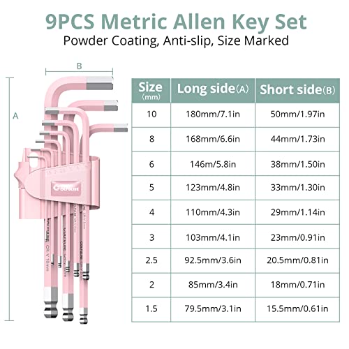 COLFULINE 9 PCS PINK Allen Key Set, Long Ball End Hex Key Set, Cr-V Allen Wrench Set for Women, Size 1.5-10mm with Colour-Coding for Best Gifts and Home Repair