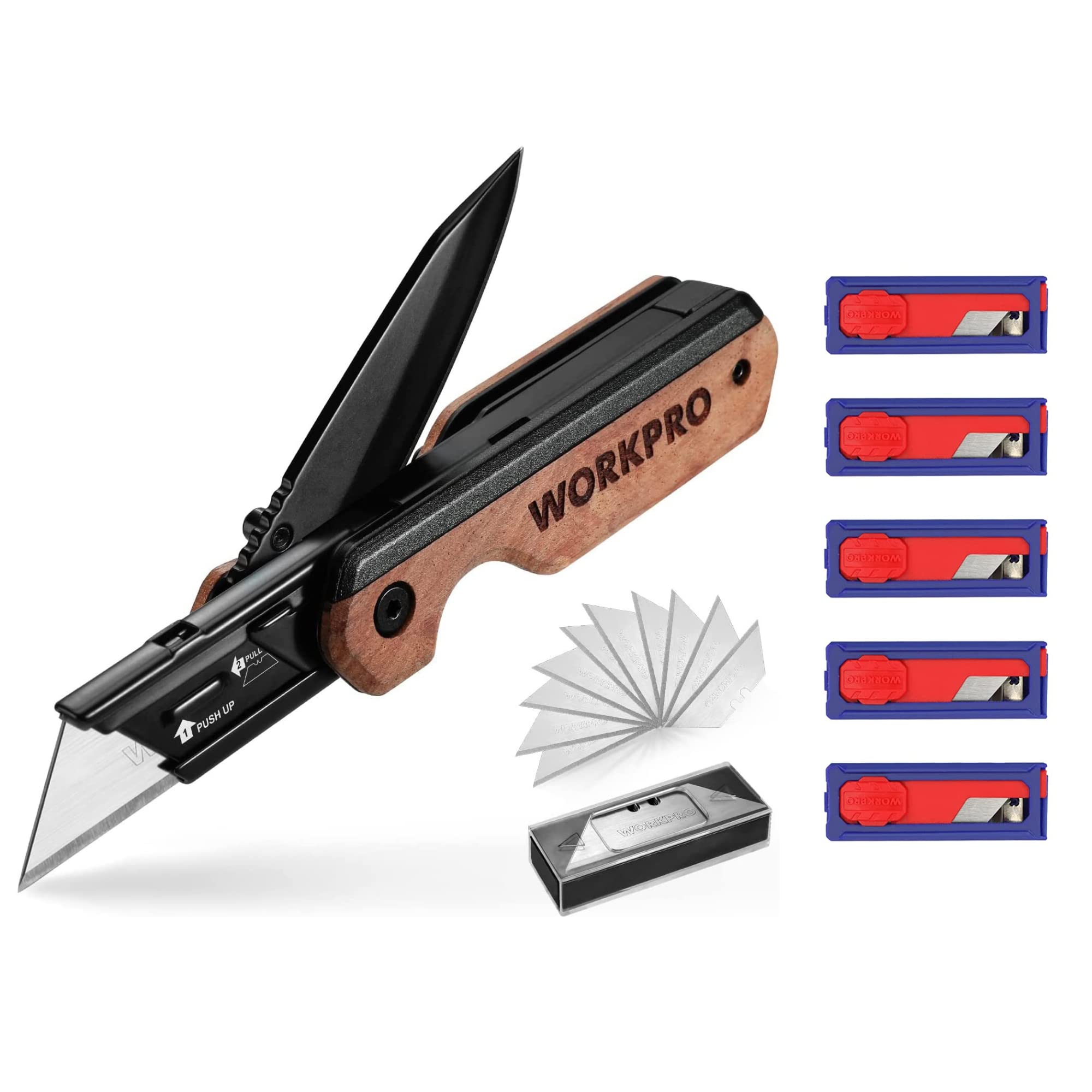 WORKPRO 2-in-1 Folding Knife/Utility Knife, Quick-Change Box Cutter with Belt Clip and Liner Lock, Extra 60 SK5 Blades Included