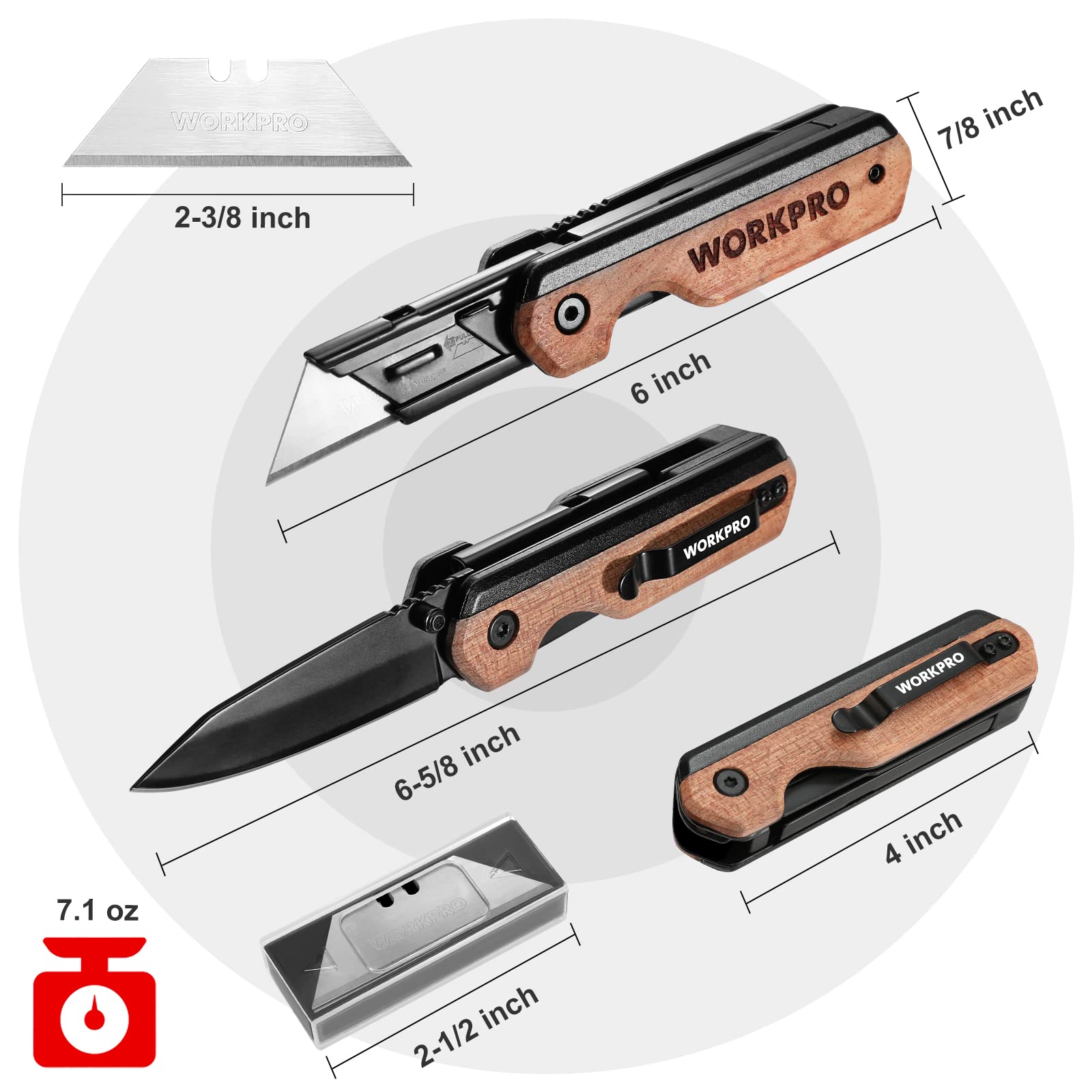 WORKPRO 2-in-1 Folding Knife/Utility Knife, Quick-Change Box Cutter with Belt Clip and Liner Lock, Extra 60 SK5 Blades Included