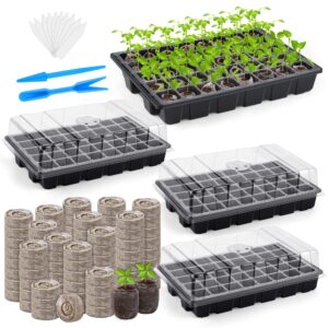 hahood 3 pack seed starter tray kit 120-cells germination starter tray with humidity dome and base including 120 peat pellets, plant labels, tool, plastic plant growing tray for garden planting, black