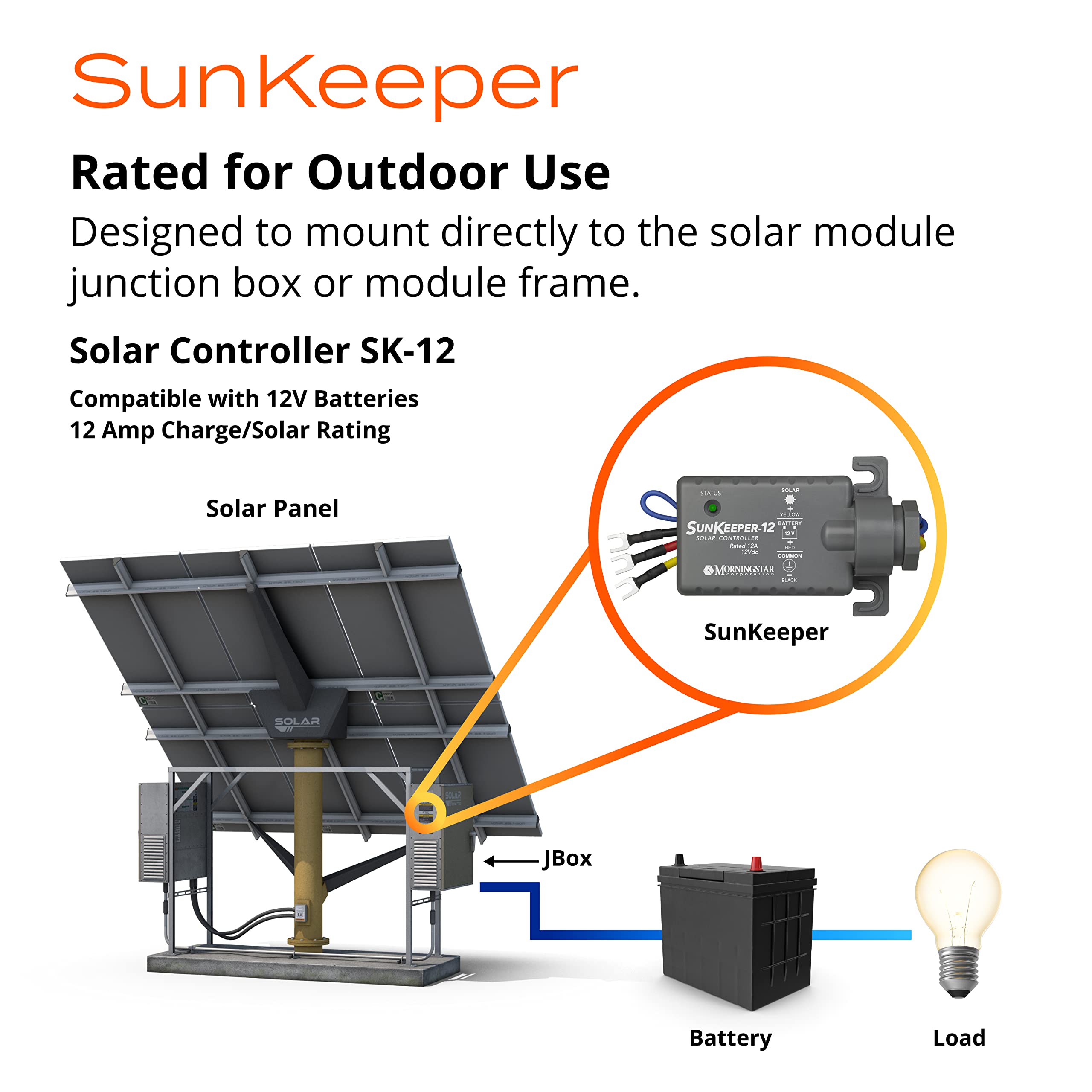 Morningstar Sunkeeper 12A Solar Charge Controller for 12V Batteries, Outdoor Solar Panel Controller (IP65), Battery Controller Solar Controller 12V, Lowest Fail Rate Charge Controller for Oil Industry