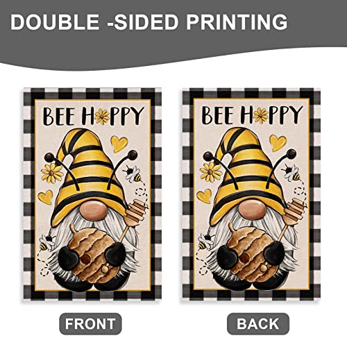 Covido Bee Happy Gnome Spring Decorative Garden Flag, Buffalo Plaid Check Summer Yard Outside Decorations, Farmhouse Outdoor Small Home Decor Double Sided 12 x 18