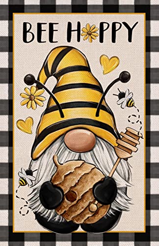 Covido Bee Happy Gnome Spring Decorative Garden Flag, Buffalo Plaid Check Summer Yard Outside Decorations, Farmhouse Outdoor Small Home Decor Double Sided 12 x 18