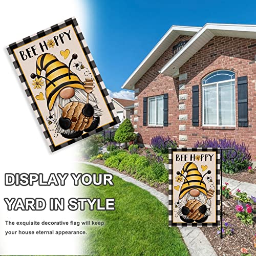 Covido Bee Happy Gnome Spring Decorative Garden Flag, Buffalo Plaid Check Summer Yard Outside Decorations, Farmhouse Outdoor Small Home Decor Double Sided 12 x 18