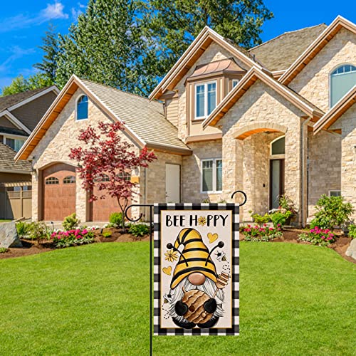 Covido Bee Happy Gnome Spring Decorative Garden Flag, Buffalo Plaid Check Summer Yard Outside Decorations, Farmhouse Outdoor Small Home Decor Double Sided 12 x 18