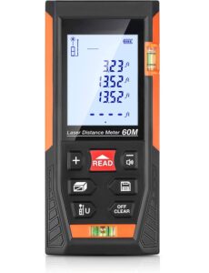 classic laser measure，digital laser measure w/2 bubble levels, m/in/ft/ft+in unit change, large backlit lcd, ip54 shockproof & waterproof, live measuring, area, volume, pythagoras