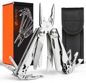 suyiwee multitool 19-in-1 with safety lock, professional 440a stainless steel multi tool pliers pocket tool, foldable multitools with nylon sheath for outdoors, survival, camping, hiking, repairing