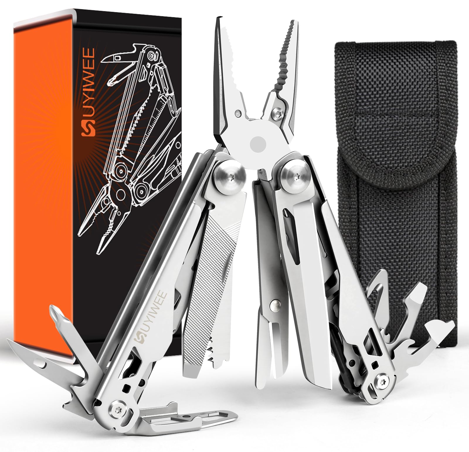 SUYIWEE Multitool 19-in-1 with Safety Lock, Professional 440A Stainless Steel Multi Tool Pliers Pocket Tool, Foldable Multitools with Nylon Sheath for Outdoors, Survival, Camping, Hiking, Repairing