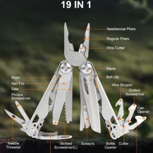 SUYIWEE Multitool 19-in-1 with Safety Lock, Professional 440A Stainless Steel Multi Tool Pliers Pocket Tool, Foldable Multitools with Nylon Sheath for Outdoors, Survival, Camping, Hiking, Repairing